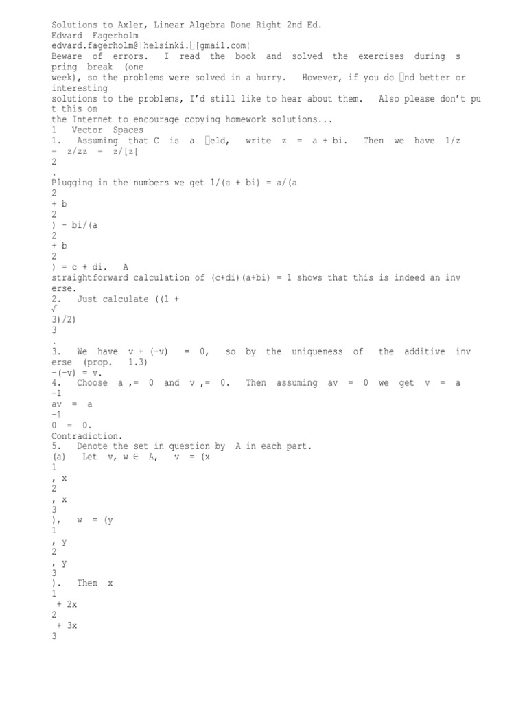 Solutions To Axler Linear Algebra Done Right PDF | PDF | Eigenvalues ...