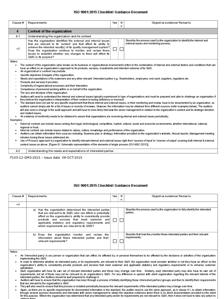 F103-12-QMS-2015 ISO 9001 2015 Checklist Guidance | PDF | Audit ...