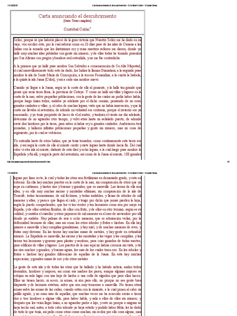 Carta de Colón sobre su descubrimiento | PDF | Cristobal colon | España
