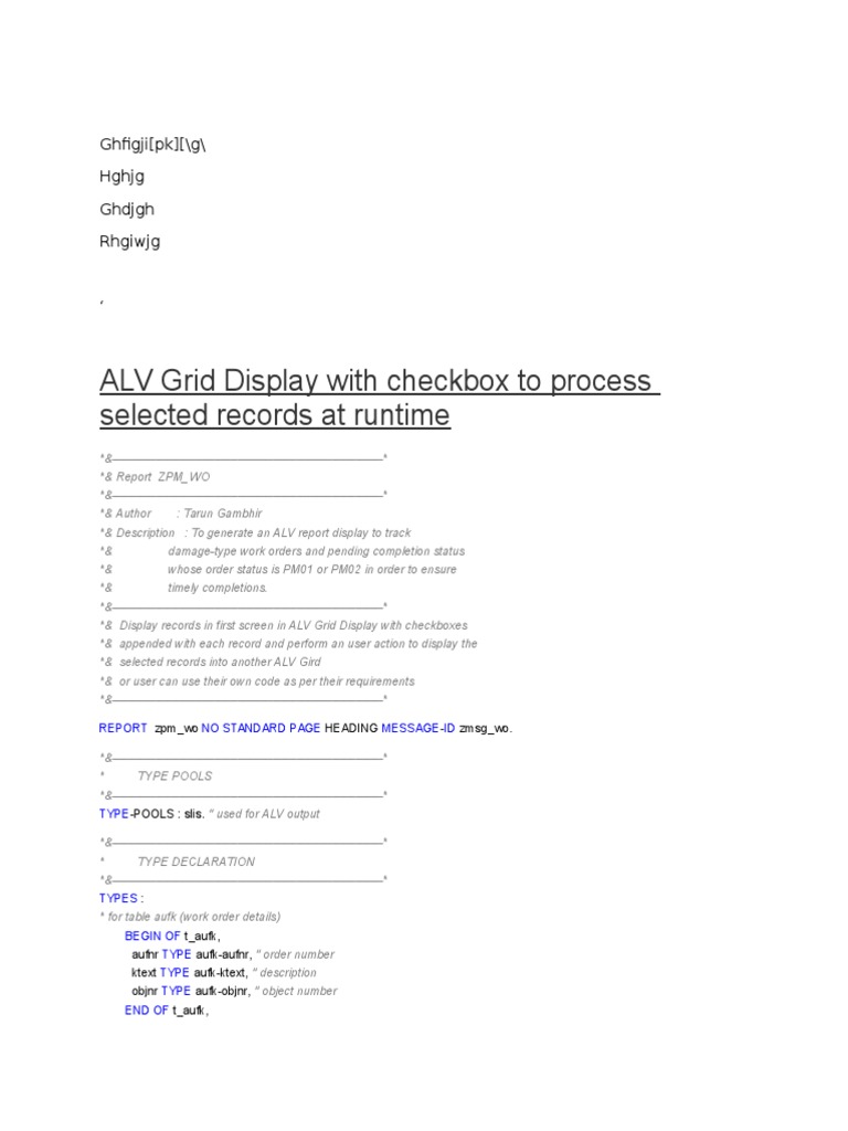 ALV Grid Display With Checkbox To Process Selected Records at Runtime | PDF | Subroutine ...