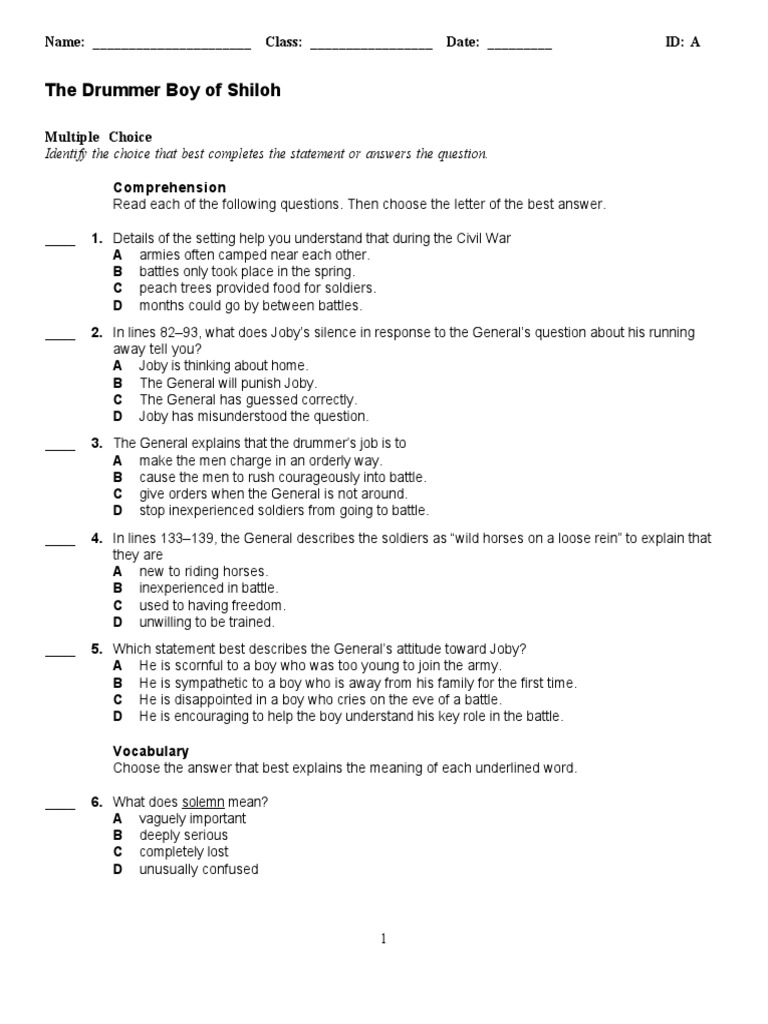 Drummer Boy of Shiloh Comprehension Quiz | PDF