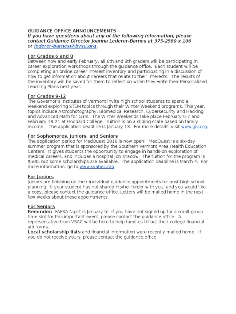 Guidance Office Announcements | PDF