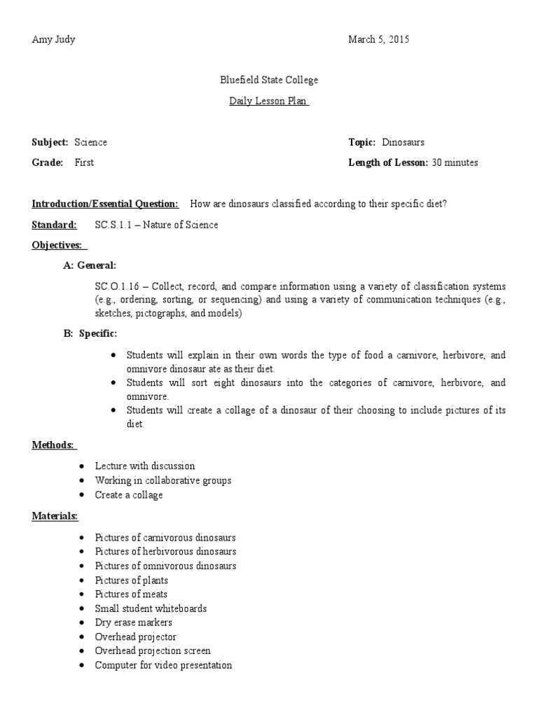 Science Lesson 2 For Unit Plan | PDF | Dinosaurs | Herbivore