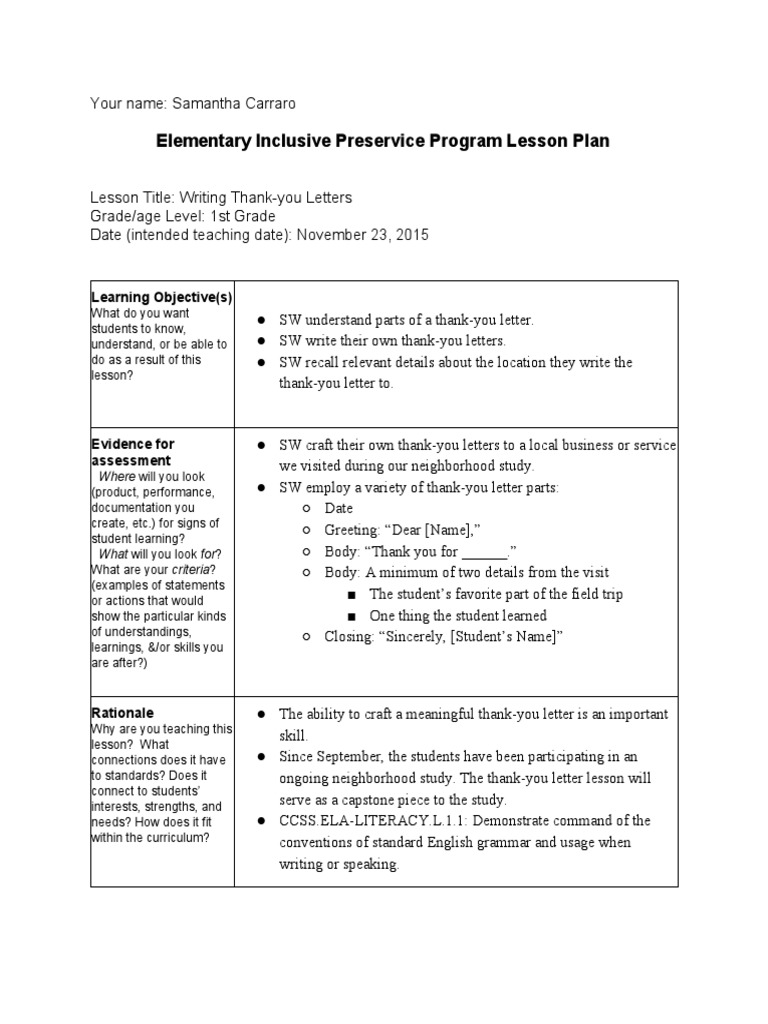 1st Grade Thank-You Letter Lesson Plan | PDF | Lesson Plan | Applied ...