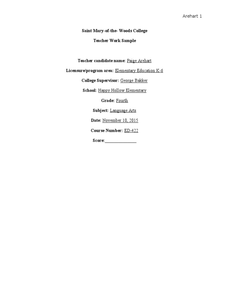 Ed422 Arehart Teacherworksample | PDF | Educational Assessment | Pronoun