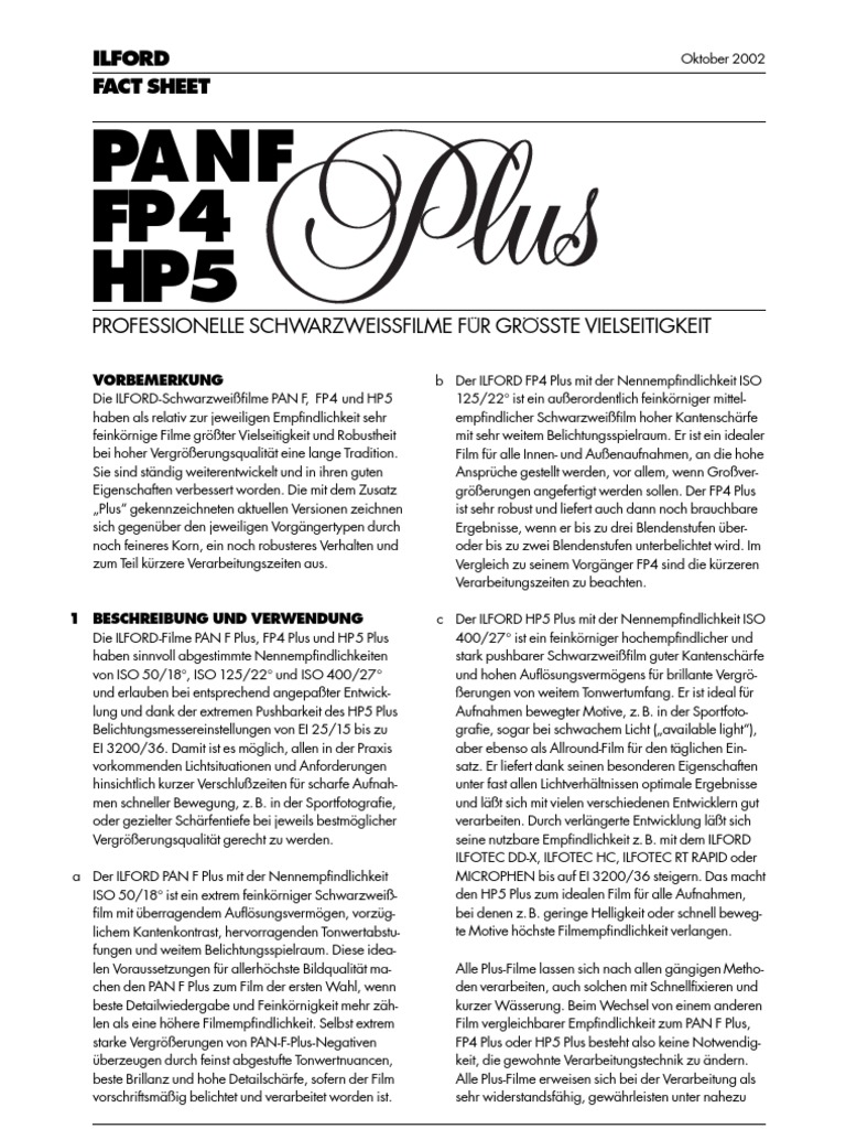 Ilford FP4+, PanF, HP5 Datenblatt | PDF