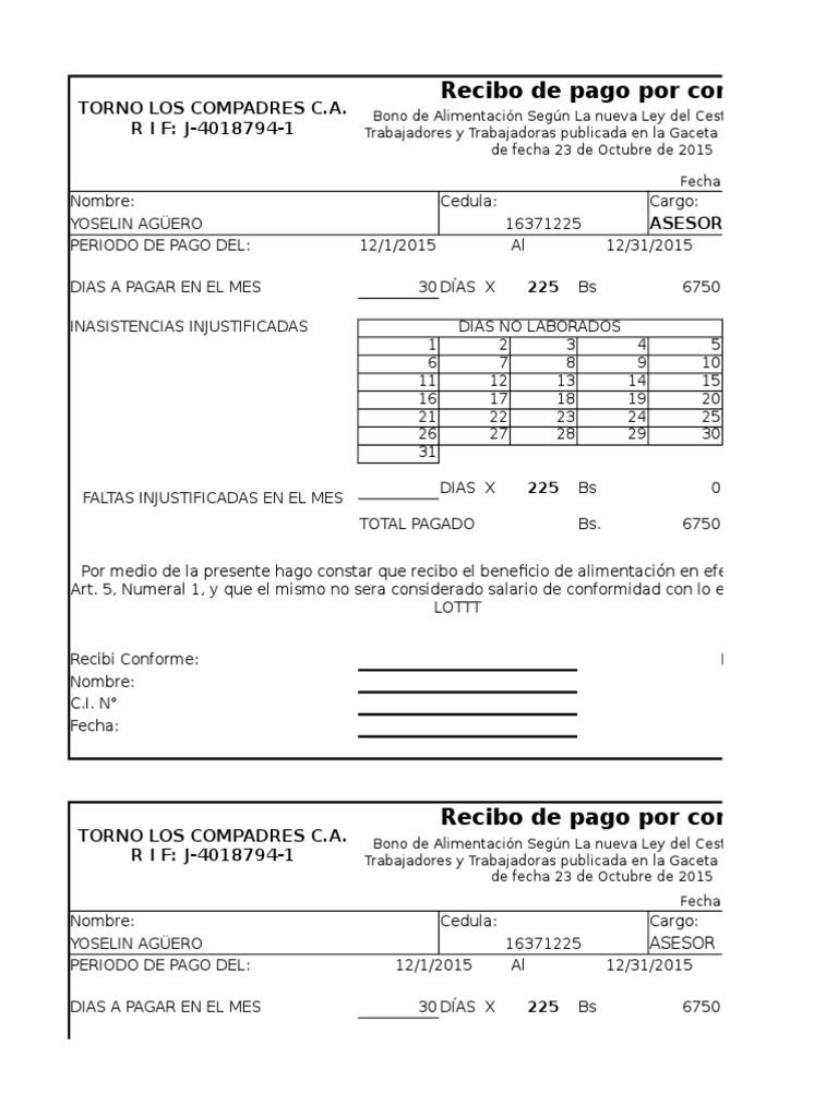 Recibo de Bono de Alimentación LOTTT | PDF