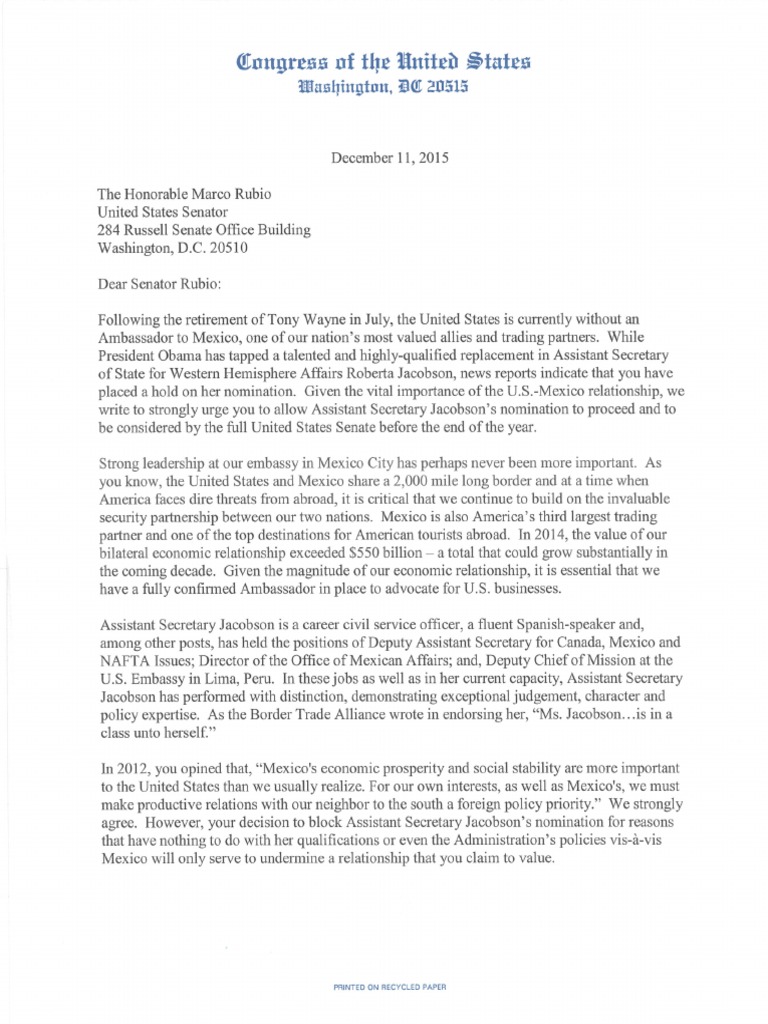 Letter To Senator Rubio On Roberta Jacobson's Nomination | PDF