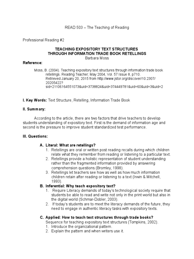Teaching Expository Text Structures | PDF | Literacy | Reading (Process)