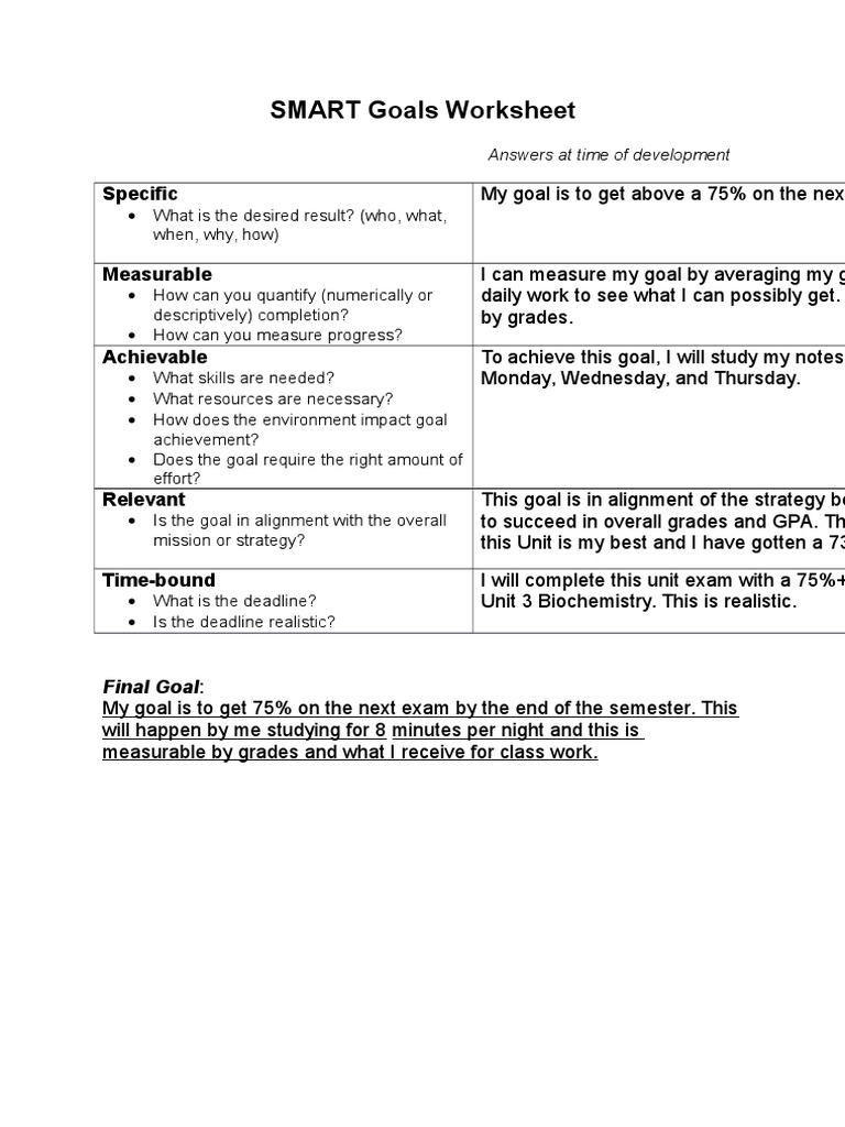 SMART Goals Worksheet for Exam Success | PDF