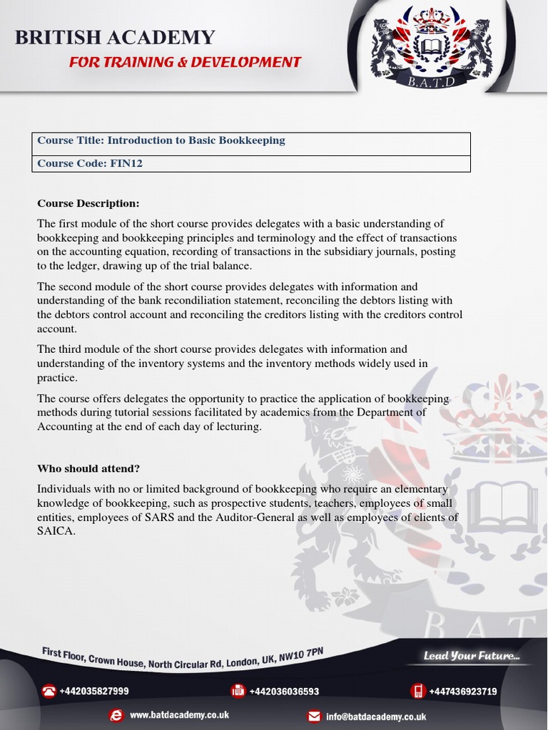 Introduction To Basic Bookkeeping Course | PDF | Bookkeeping | Accounting