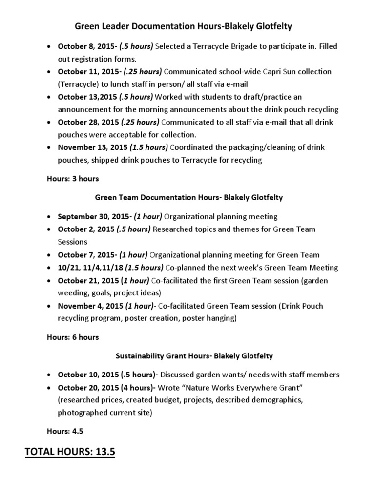 Green Team and Sustainability Hours Log | PDF