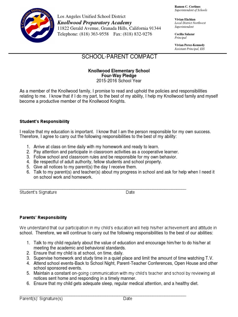 Knollwood School-Parent Compact 2015-2016 | PDF | Teachers | Communication