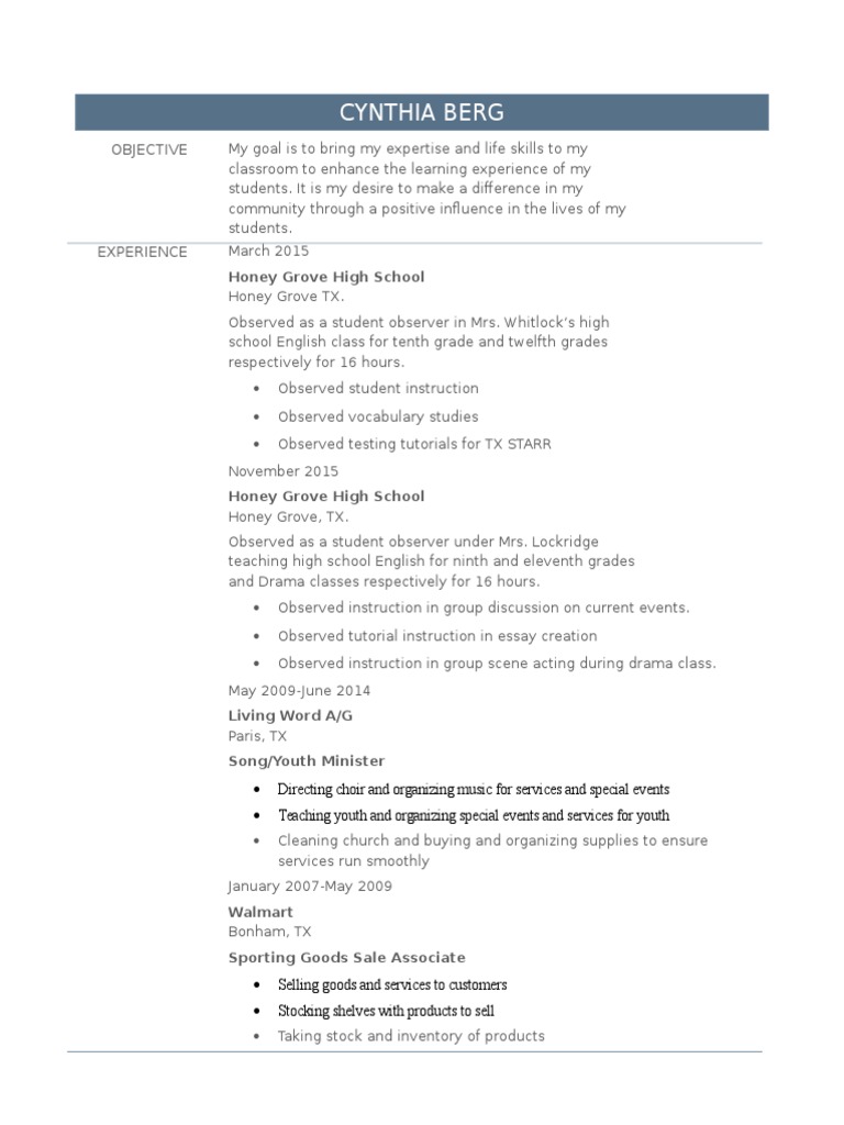 Cynthia Berg's Teaching Experience Resume | PDF | Language Arts ...