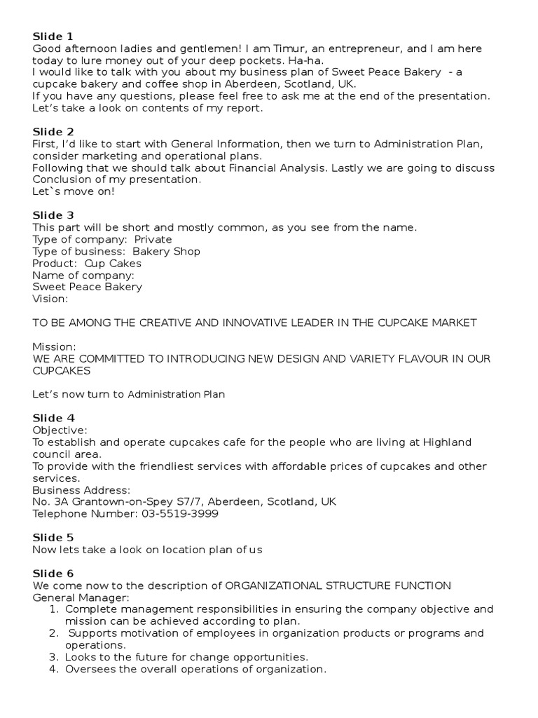 Business Plan (small business) speech | Business | Economies