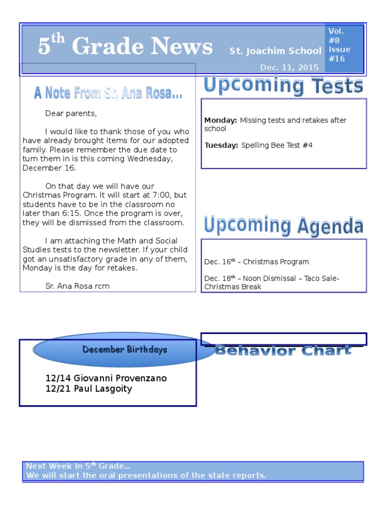 5 Grade News: St. Joachim School | PDF