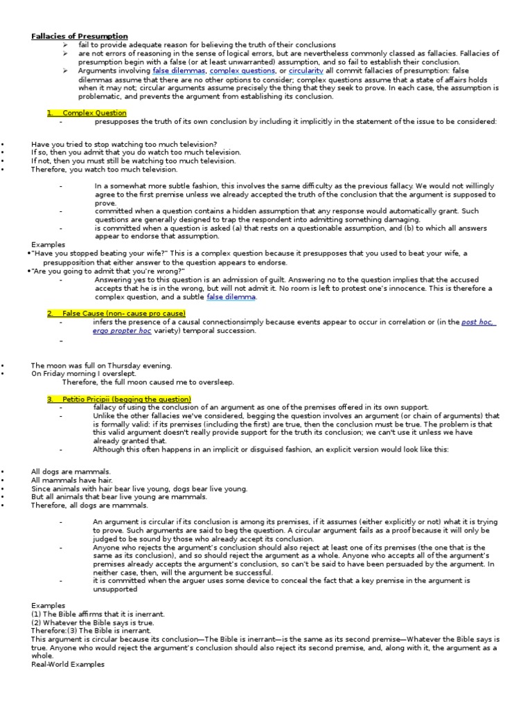 Fallacies of Presumption Explained | PDF | Definition | Argument