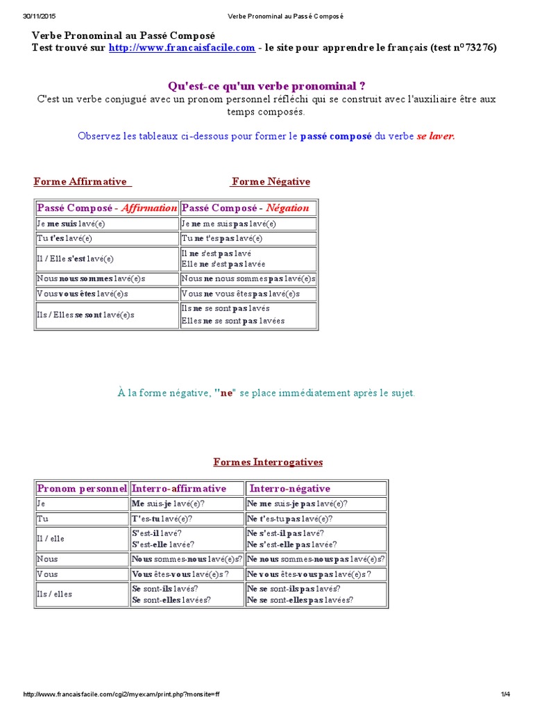 Verbe Pronominal Au Passé Composé - B1 | PDF | Pronom | Typologie linguistique