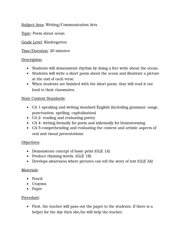 Lesson Plan Poem On Ocean | PDF | Poetry | Reading Comprehension
