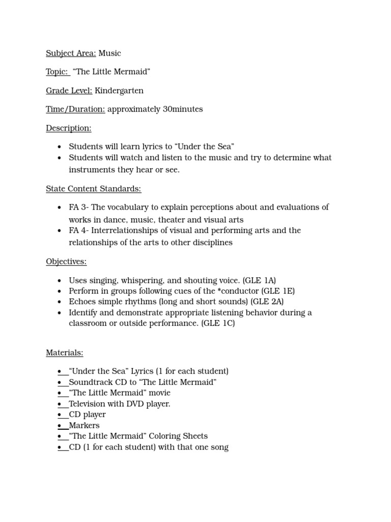 Music For Thematic Unit Little Mermaid | PDF | Neuropsychology ...