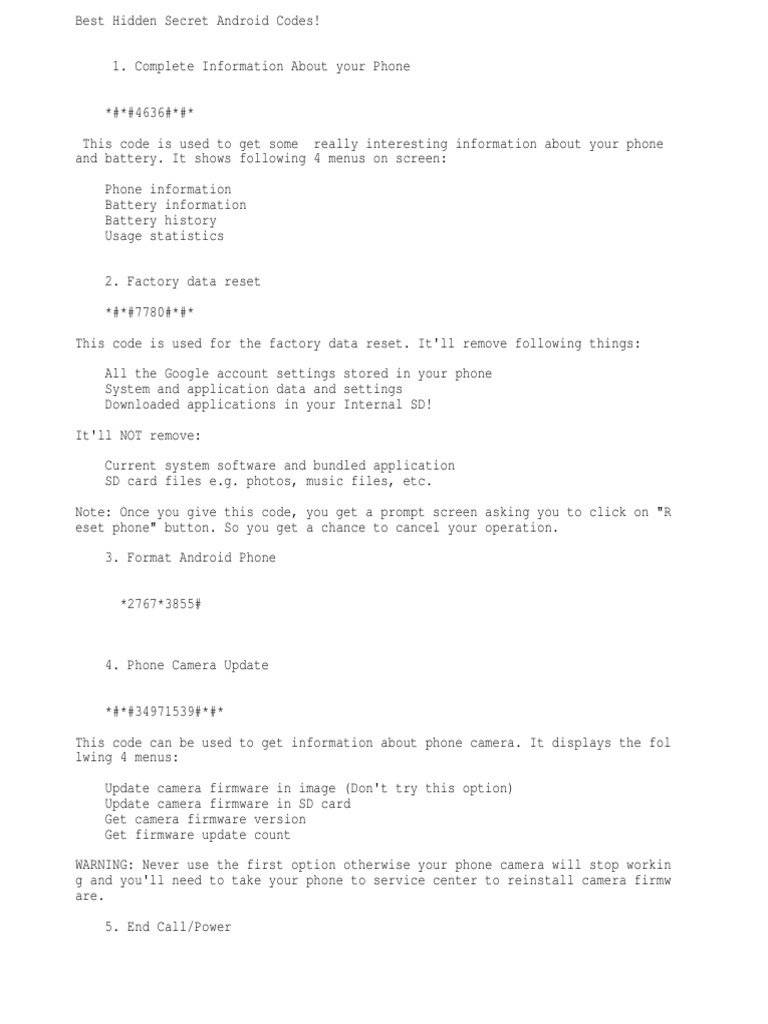 Android Hidden Codes | PDF | Android (Operating System) | Mobile Technology