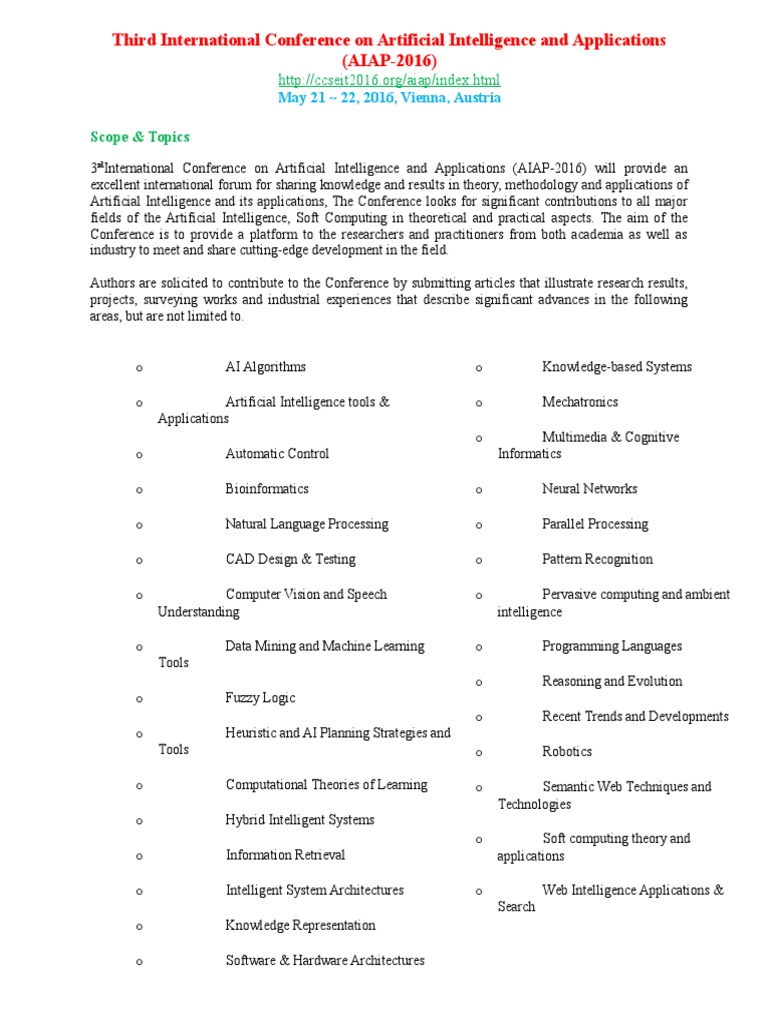 Third International Conference On Artificial Intelligence and Applications (AIAP-2016) | PDF ...