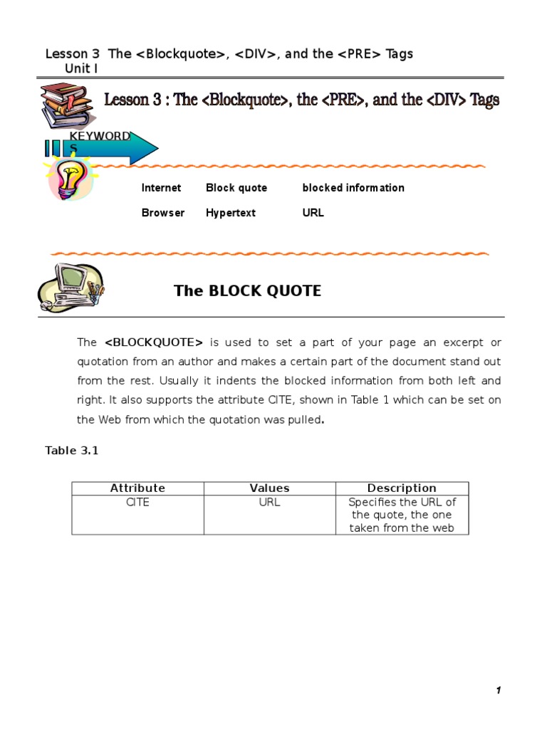HTML Blockquote, DIV, PRE Tags Guide | PDF | Html Element | Html