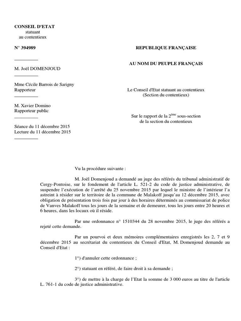 Assignation à résidence. Décision du Conseil d'Etat du 11 décembre 2015 ...