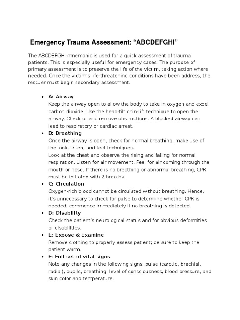 Emergency Trauma Assessment: "ABCDEFGHI": A: Airway | PDF | Wellness
