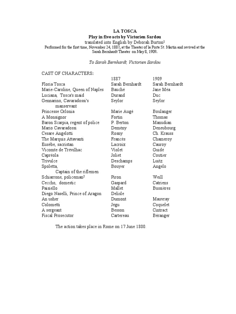 La Tosca Play in Five Acts by Victorien Sardou | PDF
