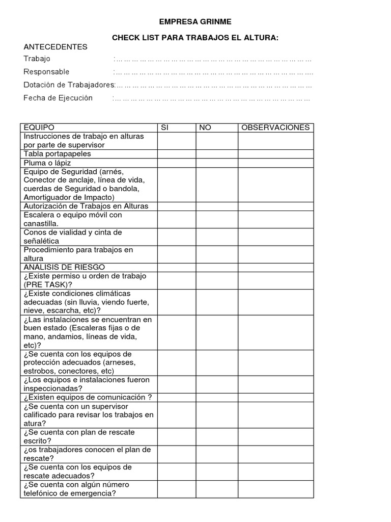Check List para Efectuar Trabajos El Altura | PDF | Andamio | Science