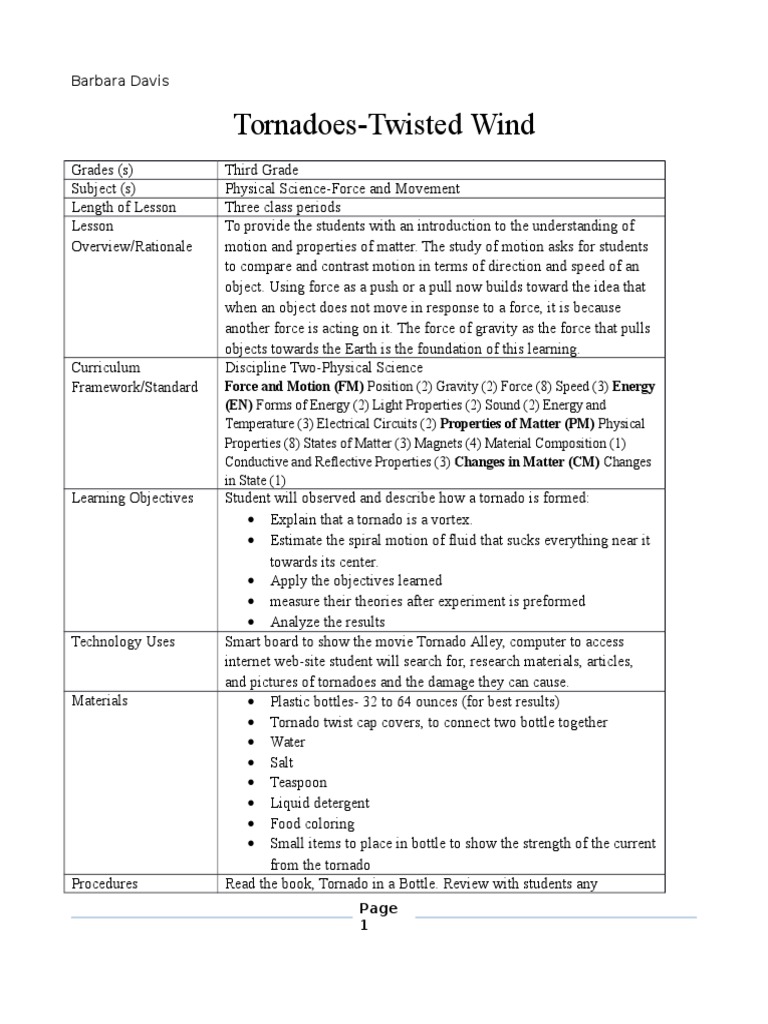 Tornado Science Lesson Plan for Kids | PDF | Tornadoes | Force