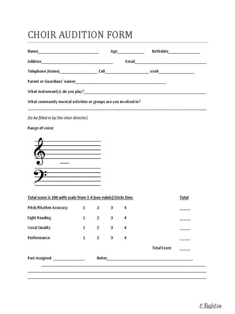 Choir Audition Form With Rubric | PDF | Singing | Pitch (Music)