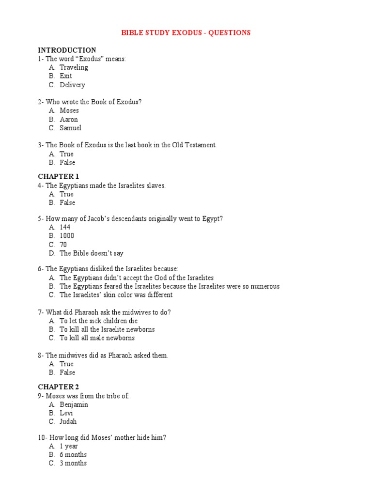 Exodus Bible Quiz: Chapters 1-10 | PDF | Tabernacle | Israelites