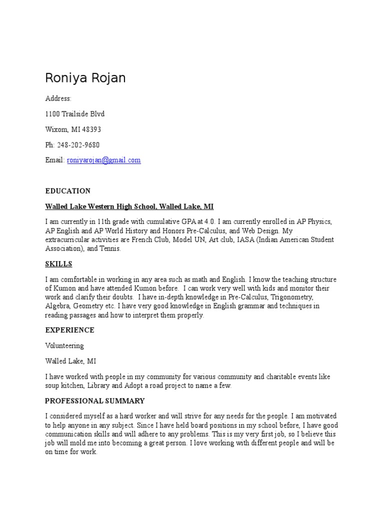 Kumon Tutor Resume of Roniya Rojan | PDF | Wellness