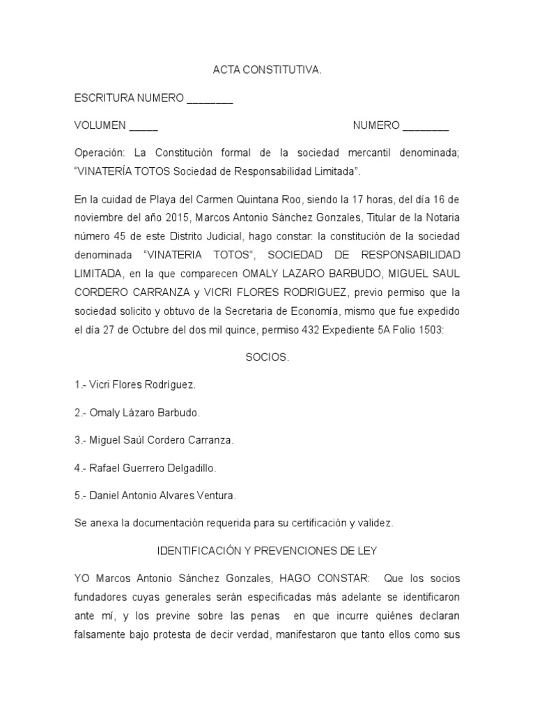 ACTA CONSTITUTIVA Responsabilidad Limitada | PDF | Liquidación | Compartir (Finanzas)