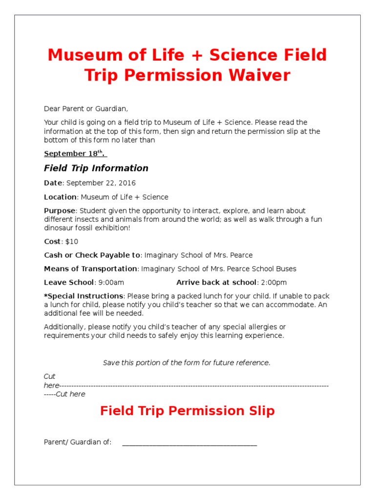 Museum of Life + Science Field Trip Waiver | PDF