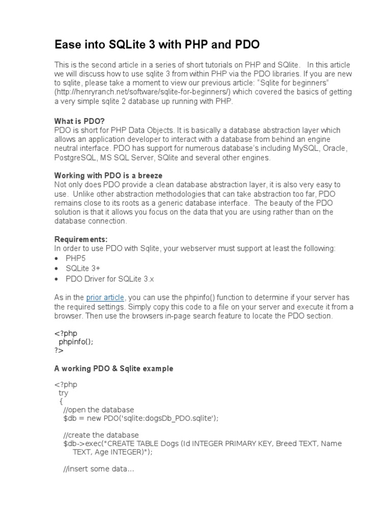 Ease Into SQLite 3 With PHP and PDO | PDF | Php | Computer Data