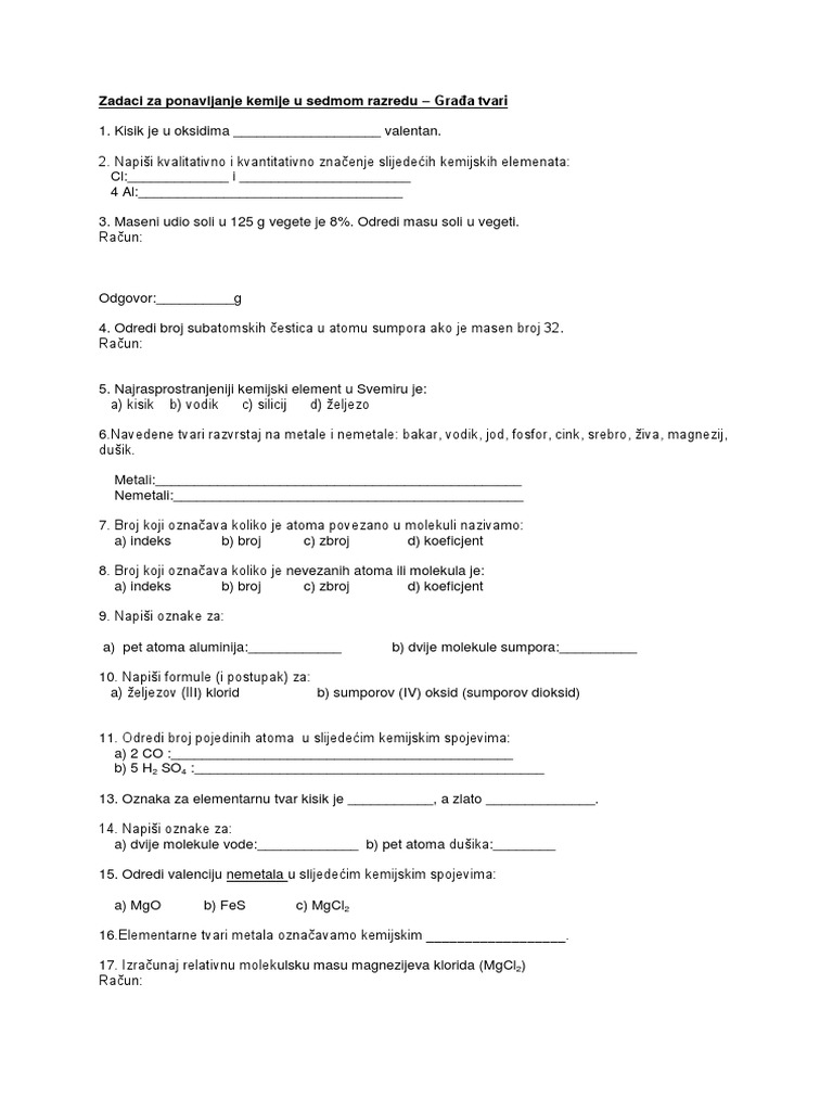 Zadaci Za Ponavljanje Kemije U Sedmom Razredu | PDF
