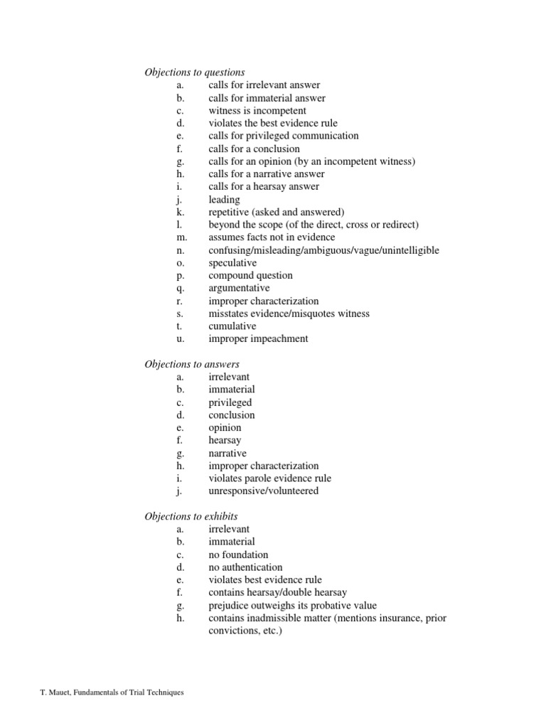 List of Objections - T. Mauet, Fundamentals of Trial Techniques | PDF