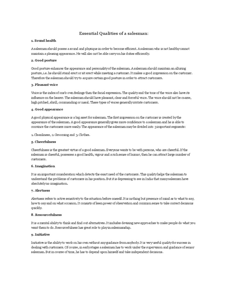 Essential Qualities of A Salesman:: 1. Sound Health | PDF | Sales ...