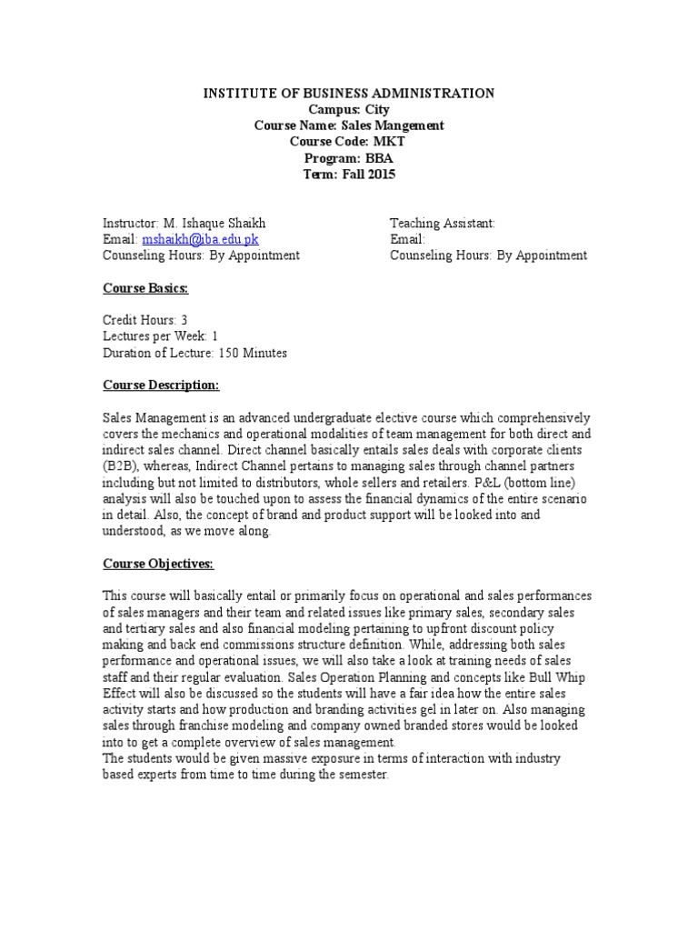 Sales Management - Course Outline | PDF | Retail | Point Of Sale