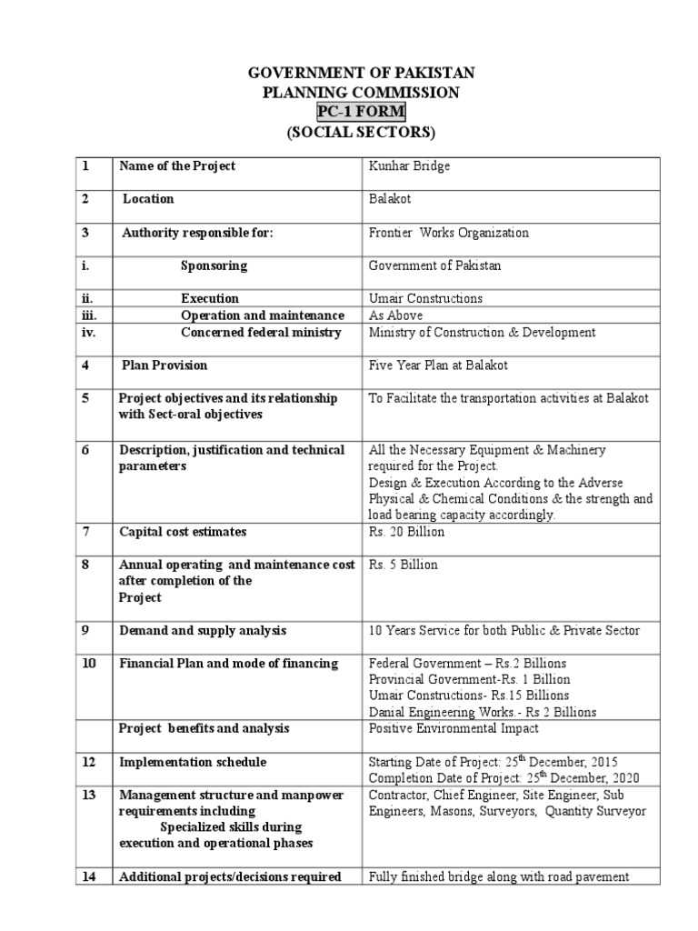 Government of Pakistan Planning Commission Pc-1 Form (Social Sectors ...