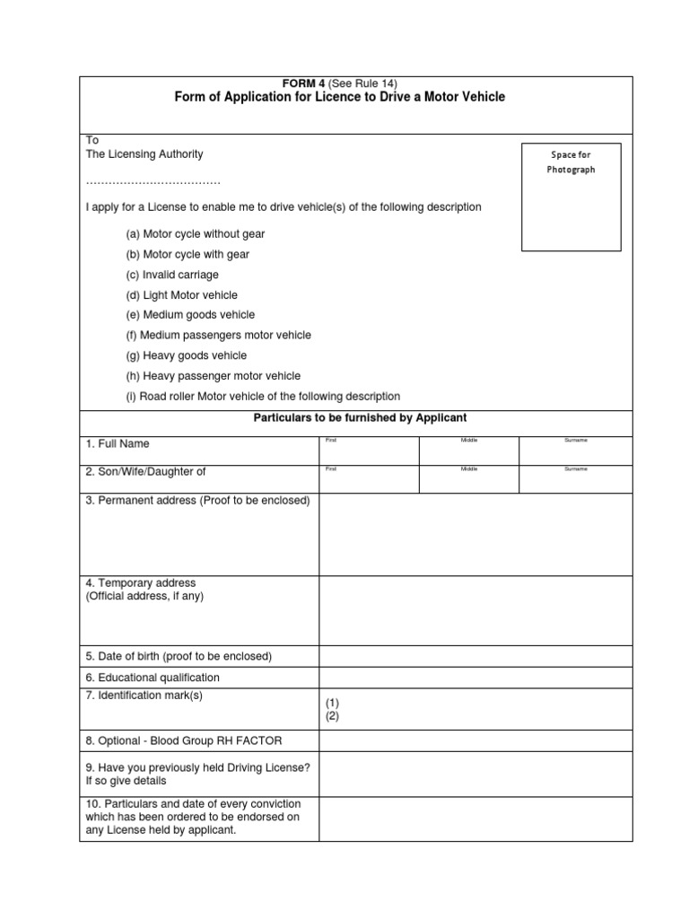 Motor Vehicle Driving License Application | PDF