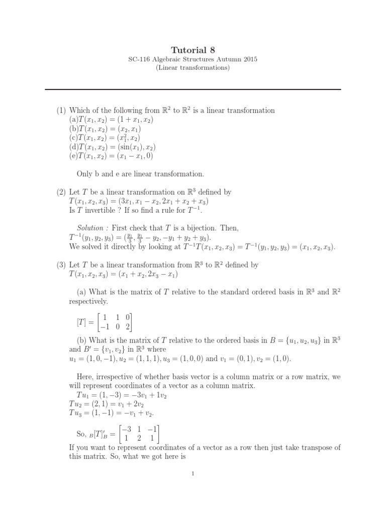 Tutorial 8 So Lns | PDF | Matrix (Mathematics) | Basis (Linear Algebra)