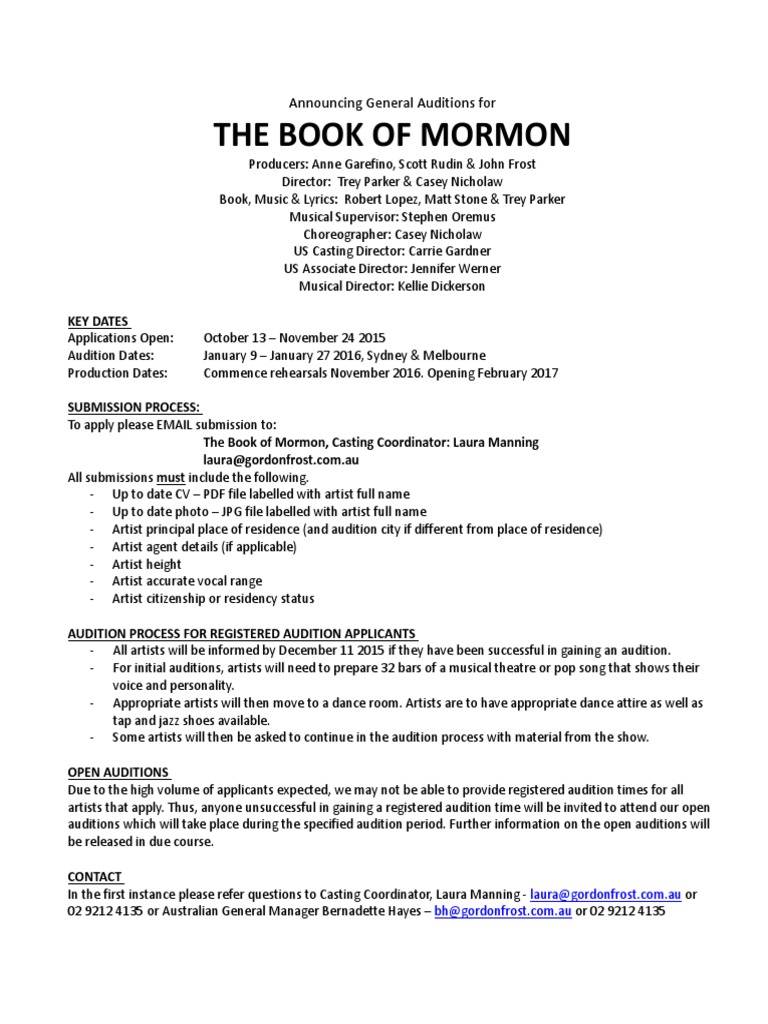The Book of Mormon Australia - Audition Brief 2015 | PDF | Audition ...