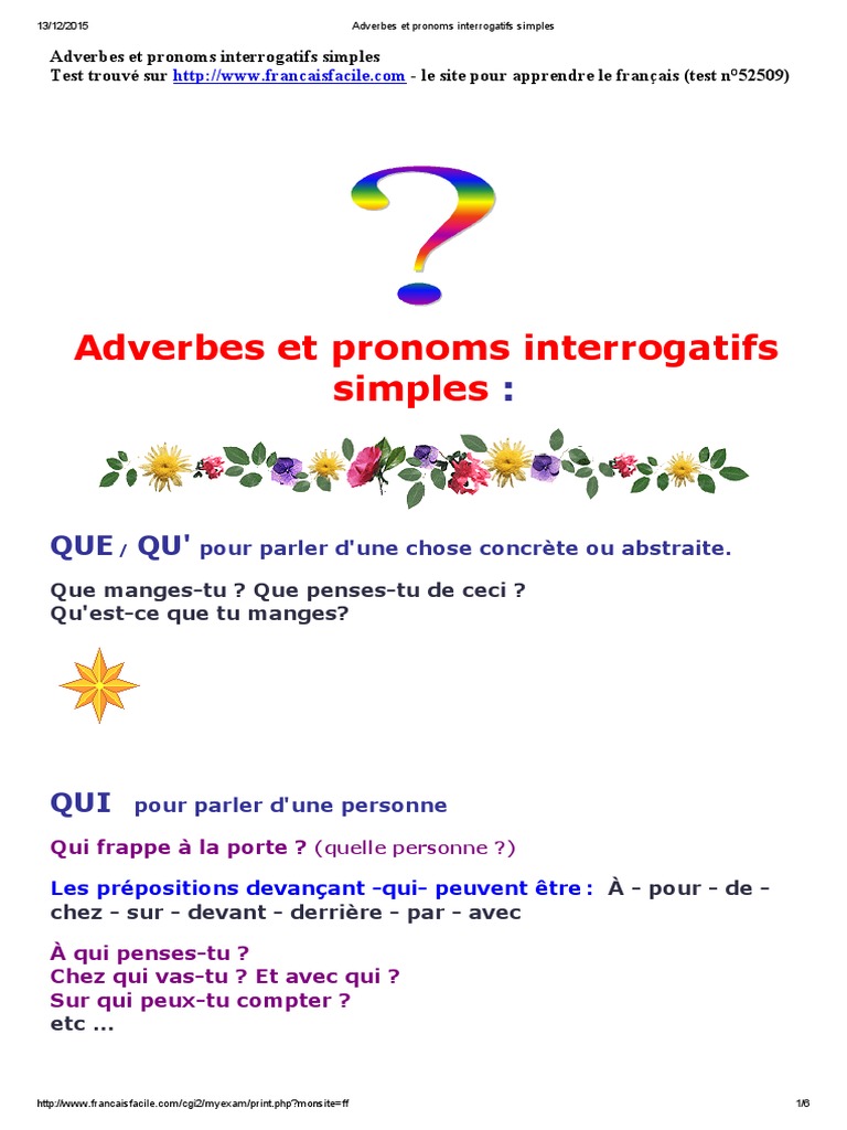Adverbes et Pronoms Interrogatifs | PDF | Pronom | Typologie linguistique