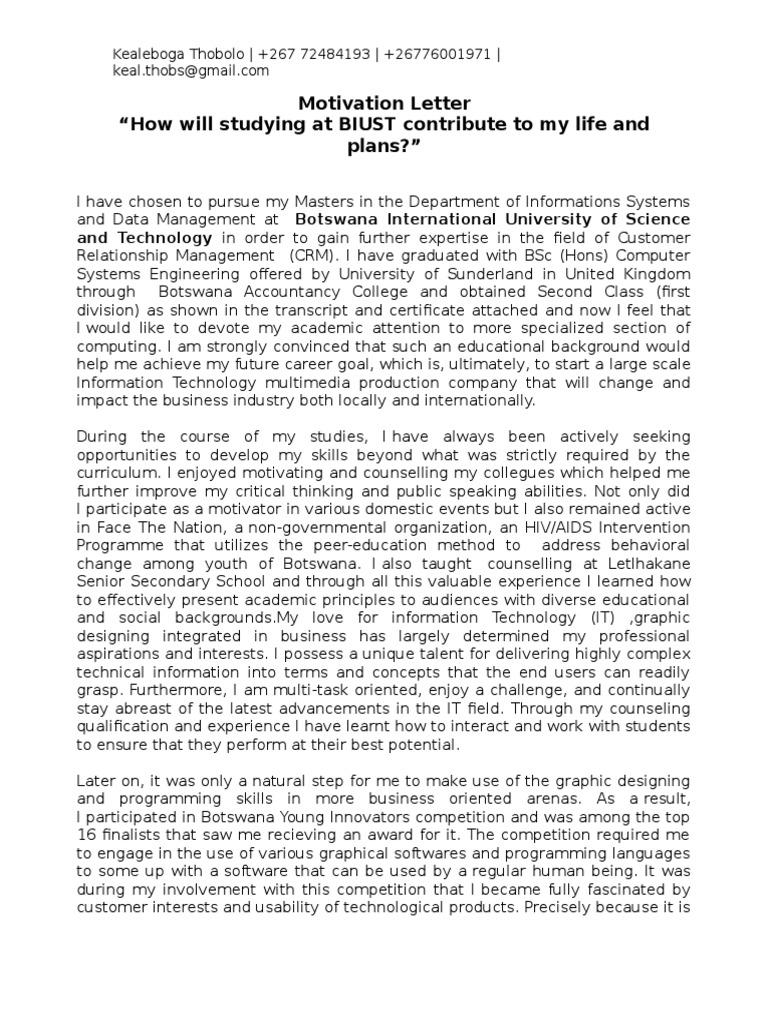 Master's Motivation Letter for BIUST | PDF | Usability | Motivation