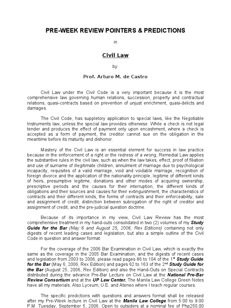 Pre-Week Review Pointers & Predictions in Civil Law | PDF | Virtue ...