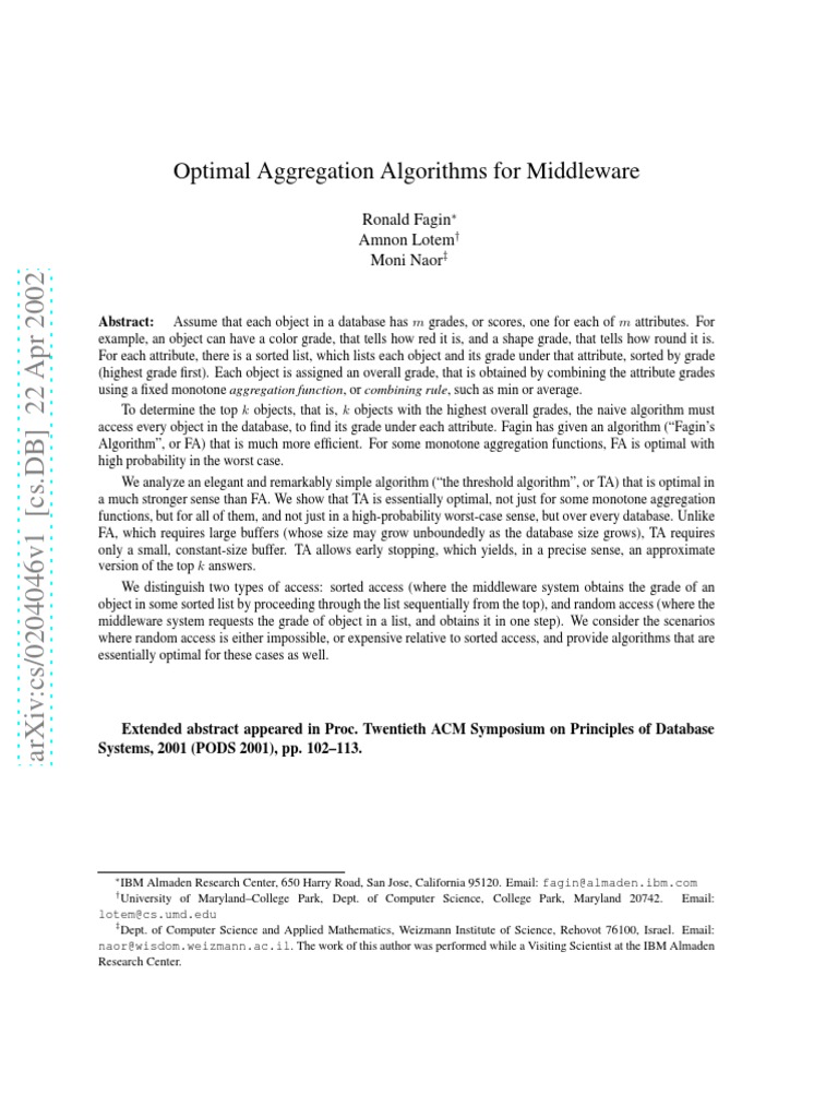Optimal Aggregation Algorithms For Middleware: Ronald Fagin Amnon Lotem Moni Naor | PDF ...